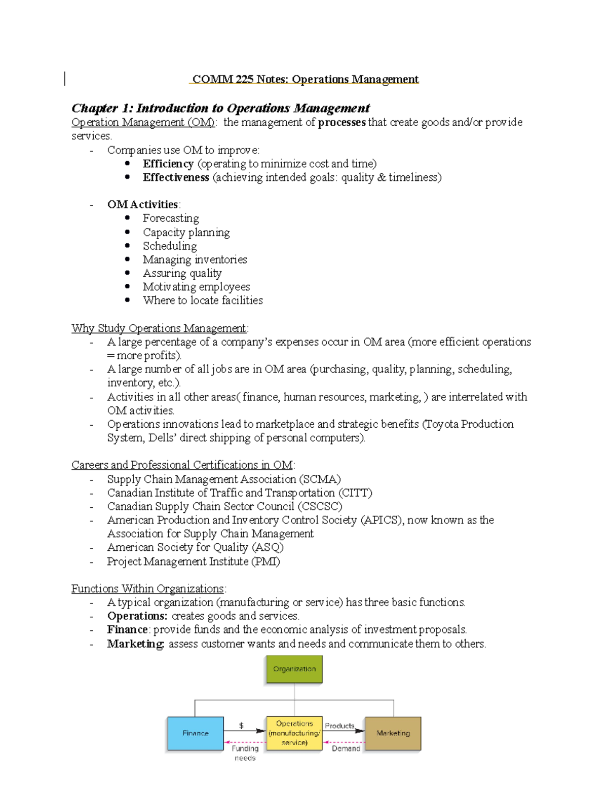 Comm 225 Notes Comm 225 Notes Operations Management Chapter 1 Introduction To Operations