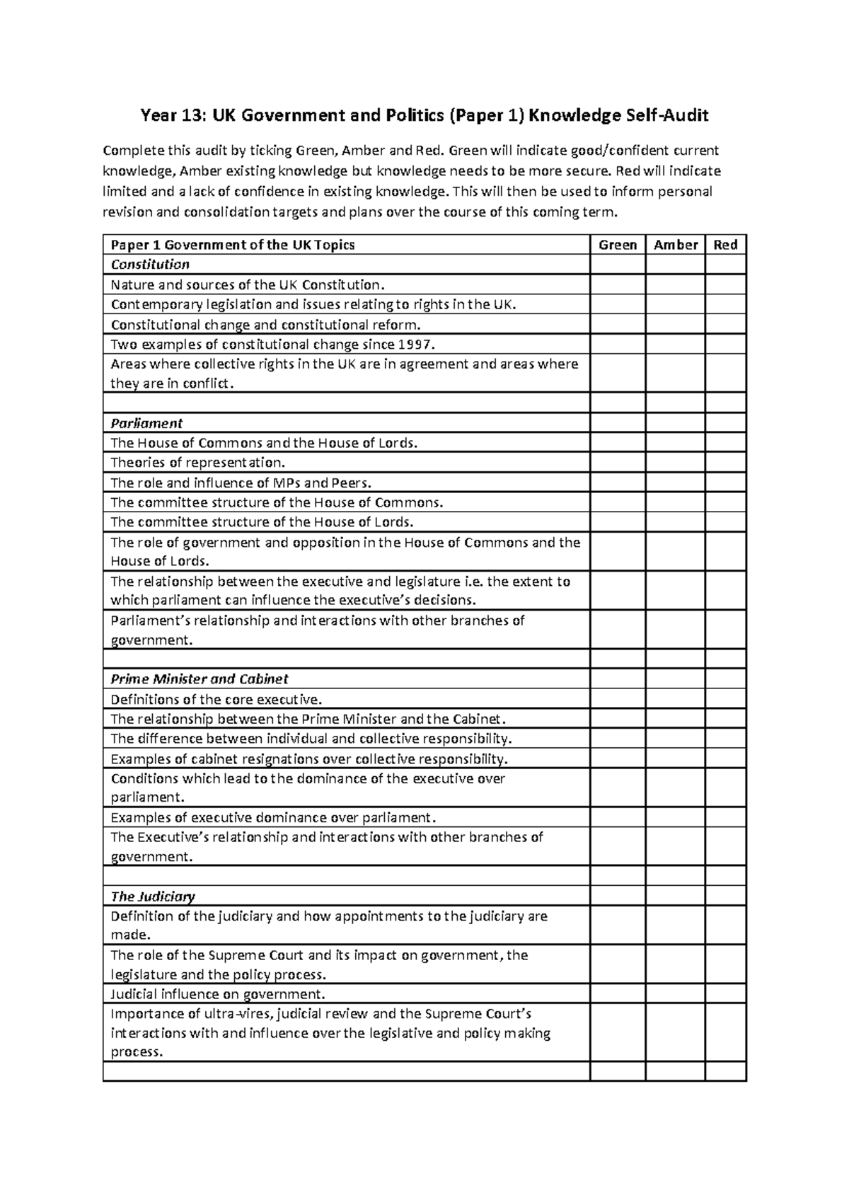 Year 13 - Paper 1 Knowledge Audit - Year 1 3 : UK Government and Politics (Paper 1) Knowledge ...