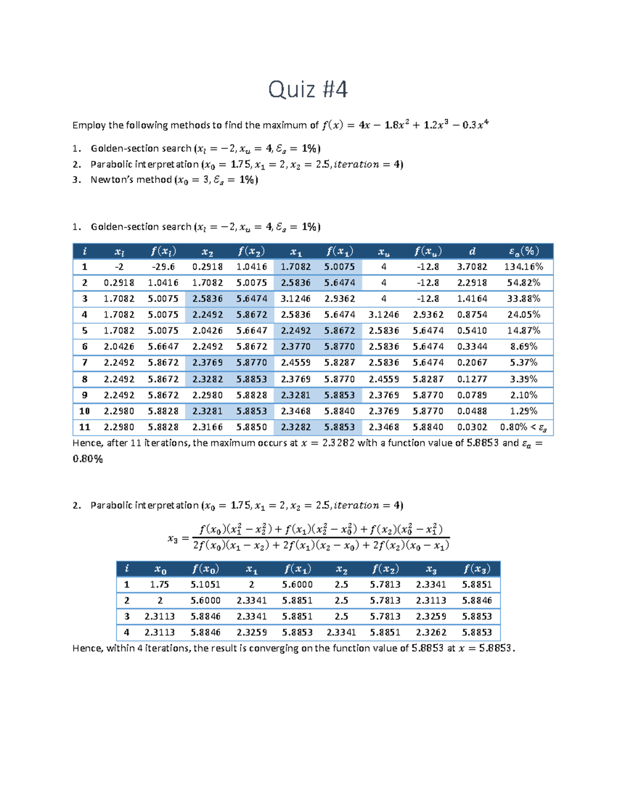 US TMC Quiz #4 Solution v2 - Quiz Employ the following methods to find ...