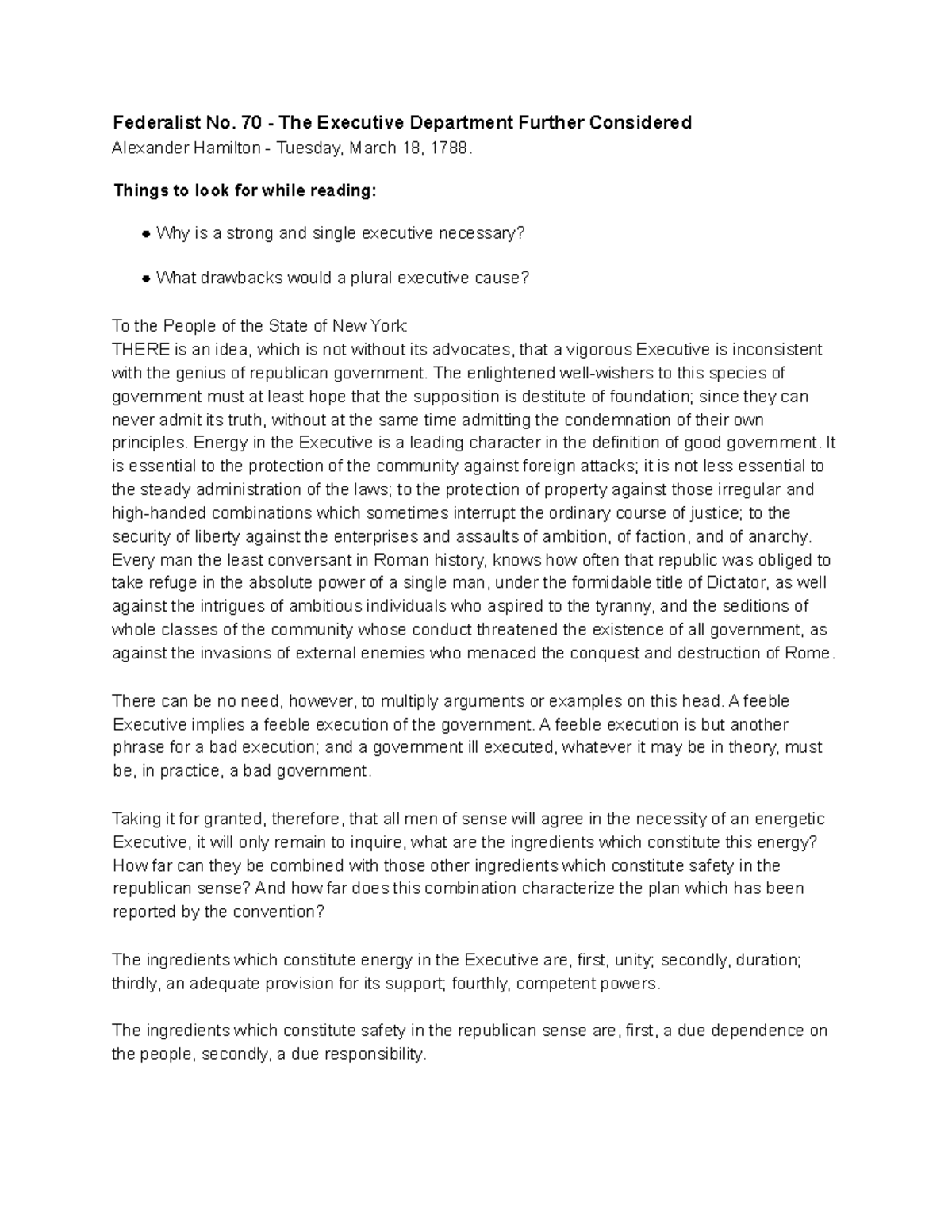 Federalist No. 70 - Practice - Federalist No. 70 - The Executive ...