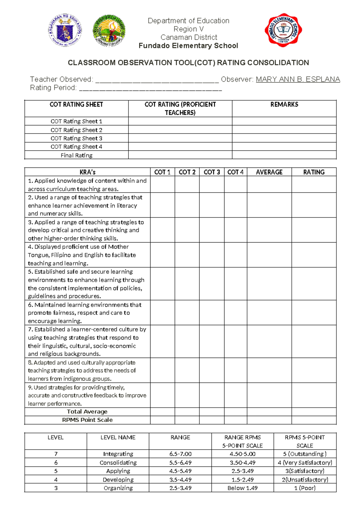 COT Consolidation - a compilation of COT rating - Department of ...