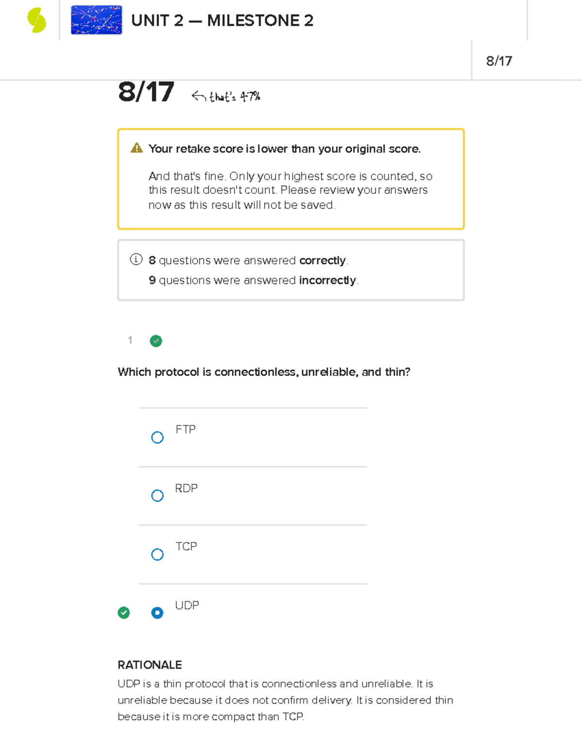 sophia Introduction to Networking Milestone 2 - 1 8 / 17 that's 47% ⚠ Your retake score is lower ...