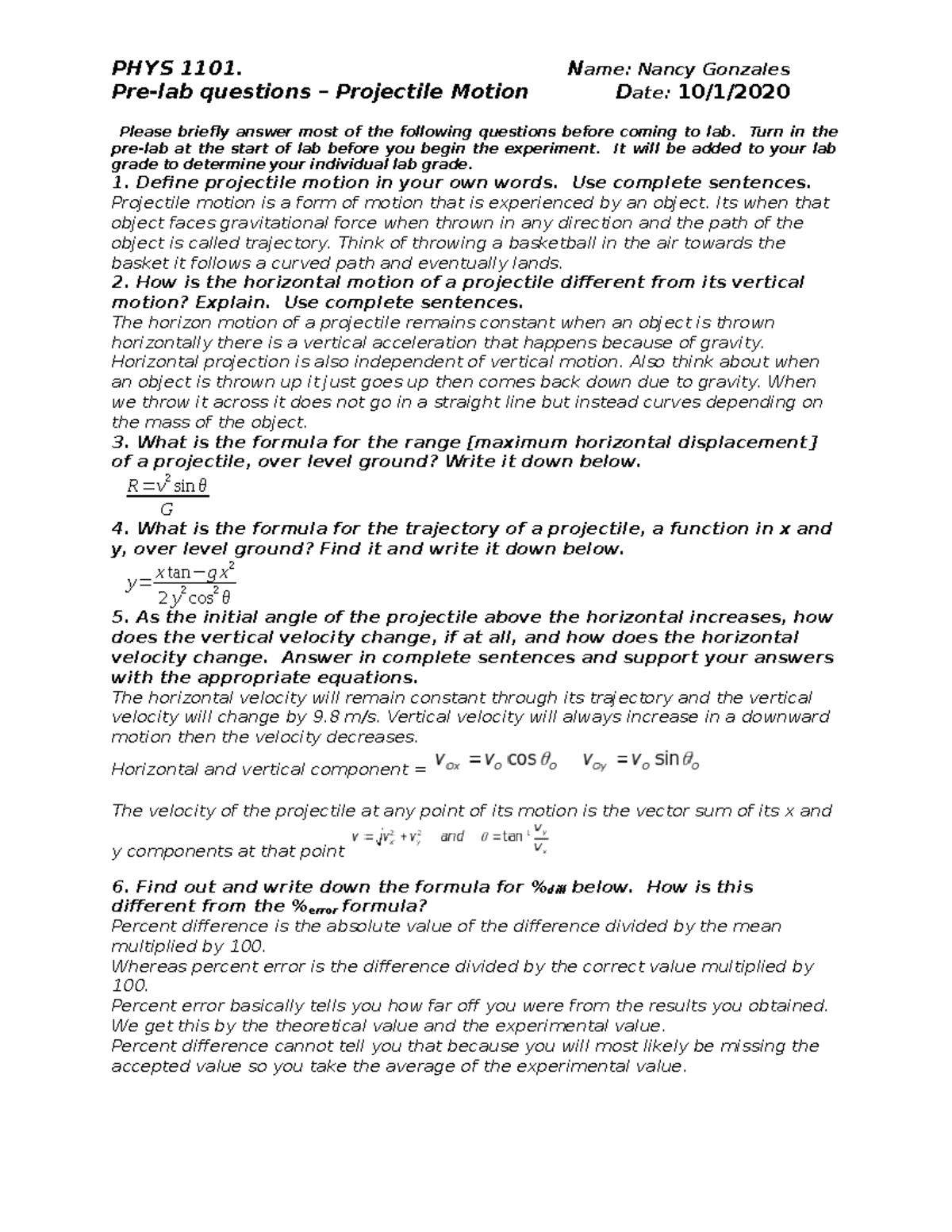 Pre Lab PHYS 1101.001 Projectile Motion - Nancy Gonzales - PHYS 1101 ...
