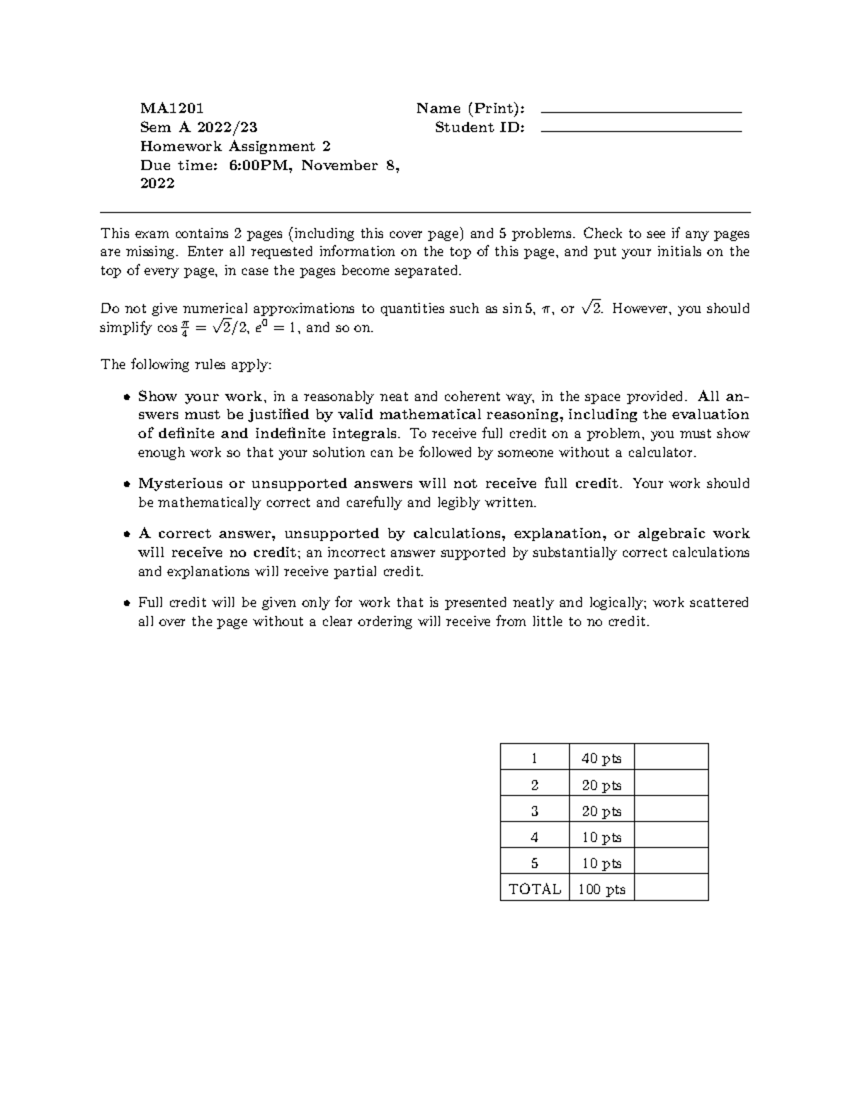 Hw2 2022 A - Assignment question - MA1201 Name (Print): Sem A 2022/23 Student ID: Homework - Studocu