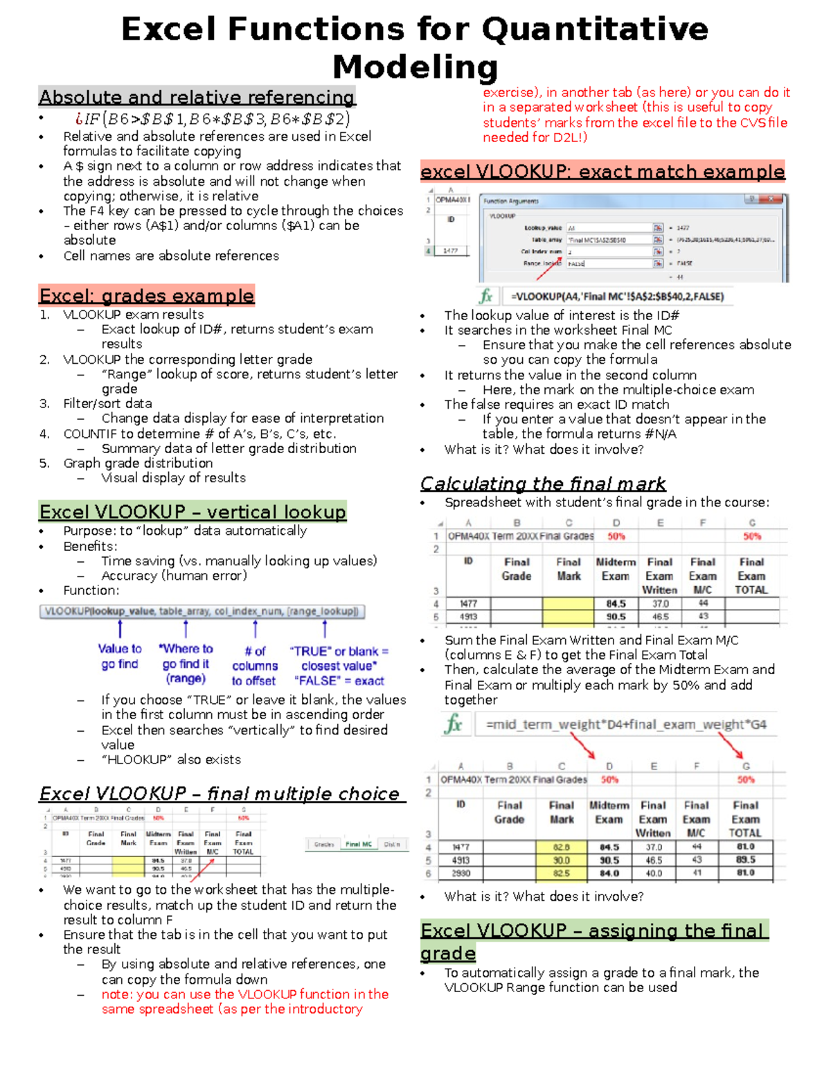 BUS 2501 - Review Excel Functions - Excel Functions for Quantitative ...