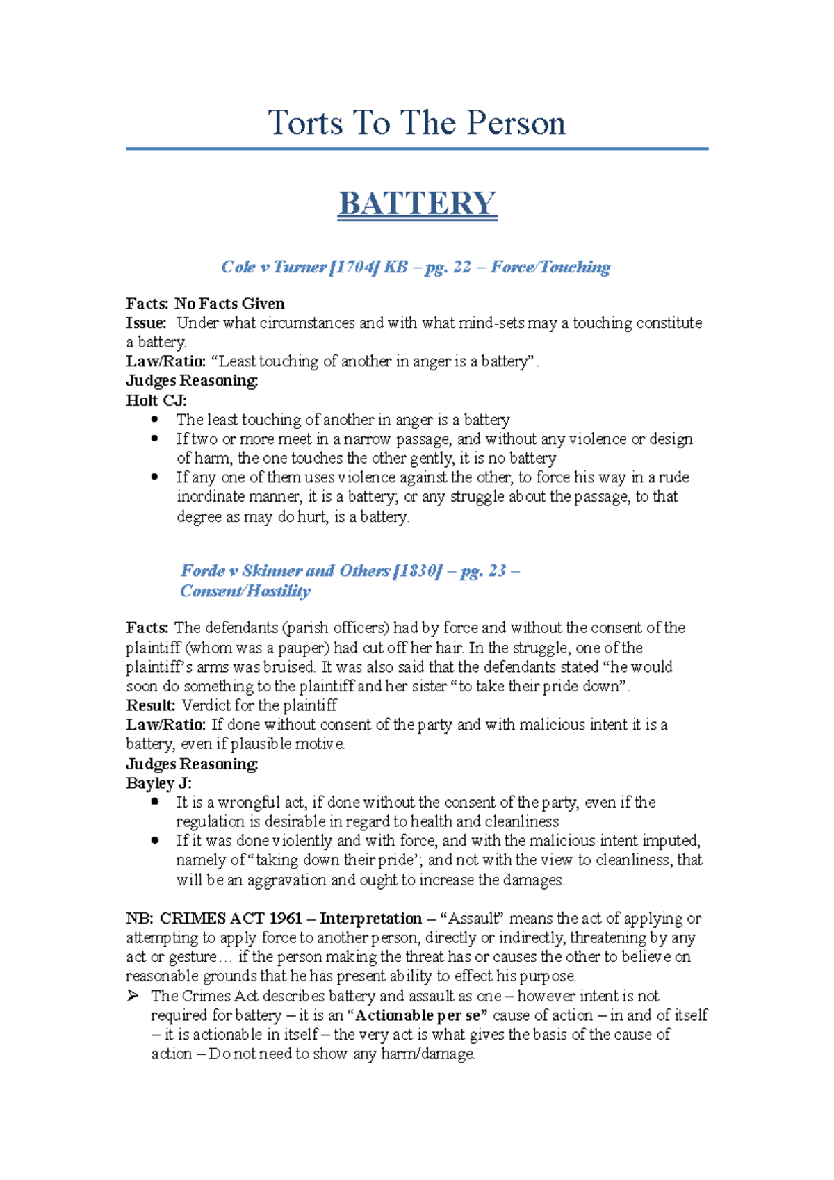 Torts To The Person - Notes - Torts To The Person BATTERY Cole v Turner ...