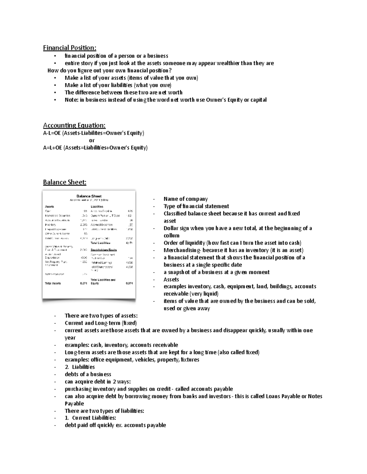 Business Balance Sheet Test #2 - Financial Position: financial position ...
