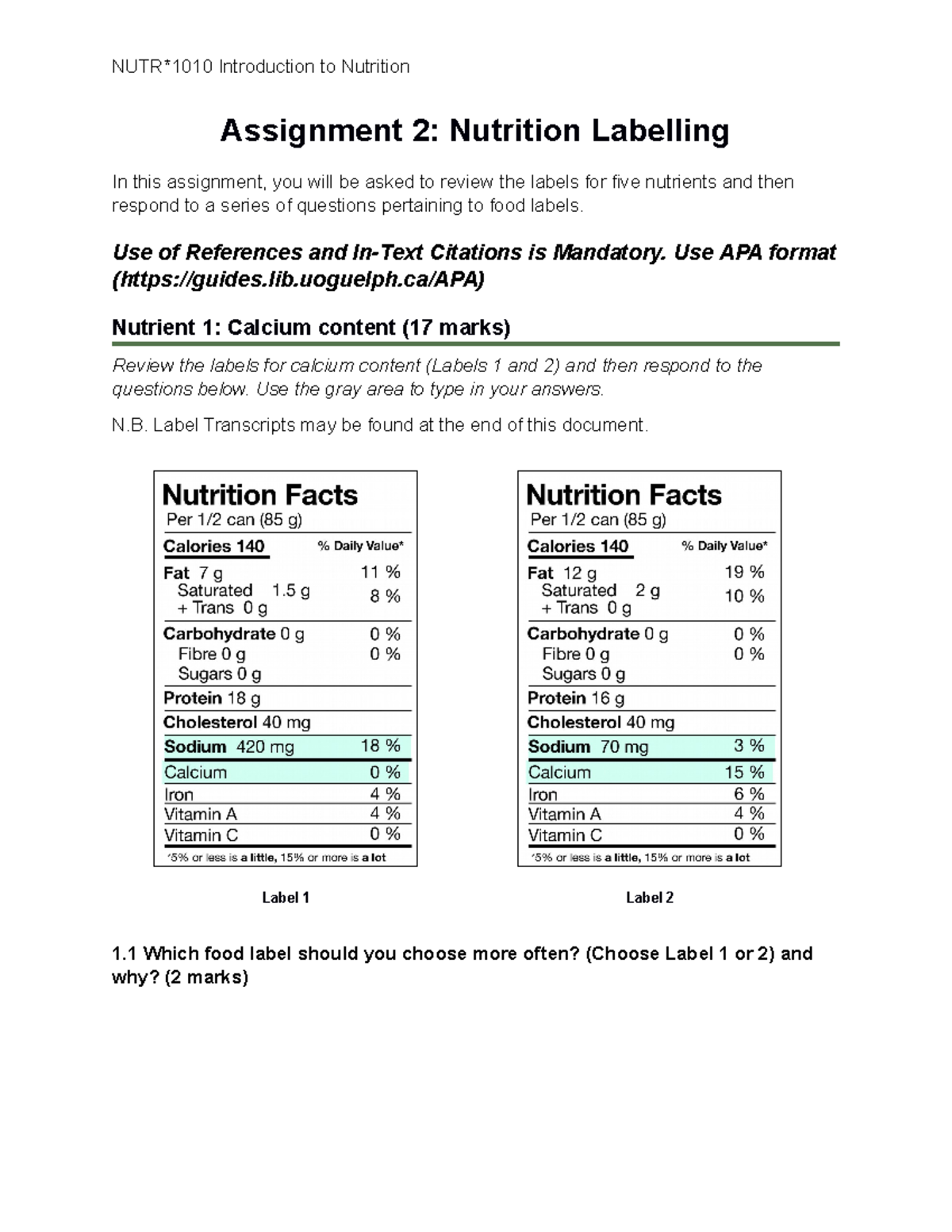 NUTR1010DE Assignment 2 Worksheet - Assignment 2: Nutrition Labelling ...