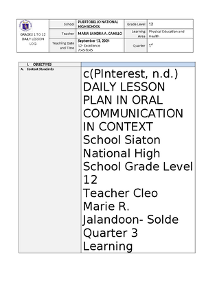 Ani Lesson plan - School St. Peter’s College Grade Level 1 Teacher ...