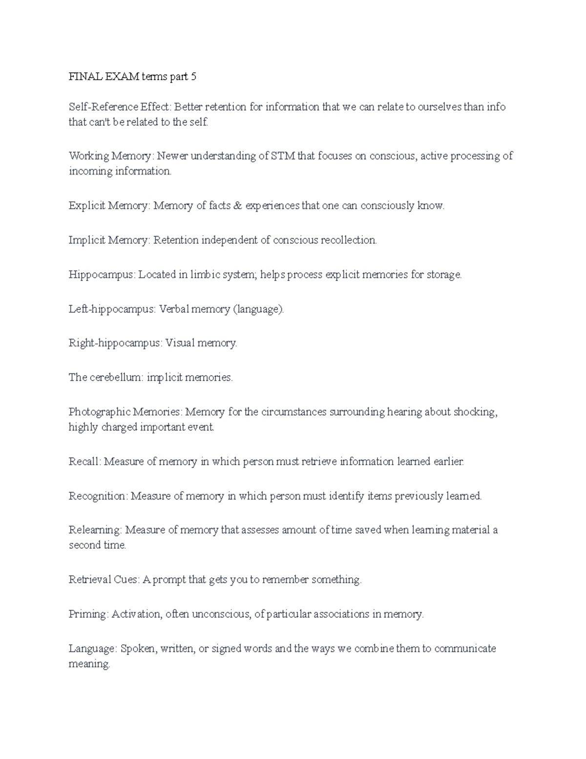 Final EXAM terms part 5 psych 100 - FINAL EXAM terms part 5 Self ...