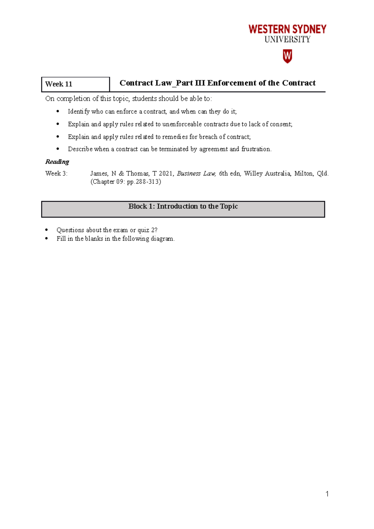 LAWS1001 Week 11 Tutorial Guide - Week 11 Contract Law_Part III ...