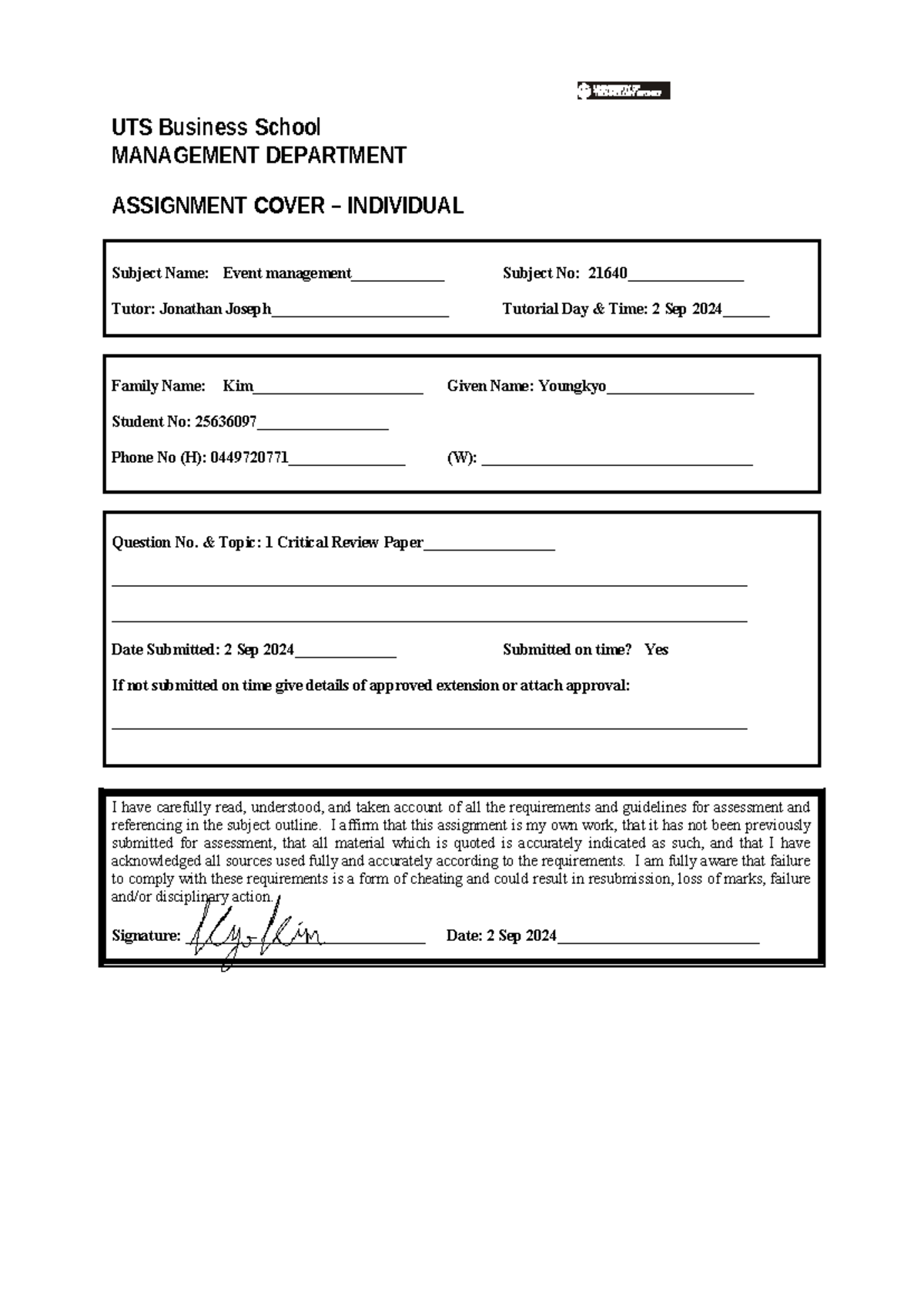 Critical review paper - UTS Business School MANAGEMENT DEPARTMENT ...