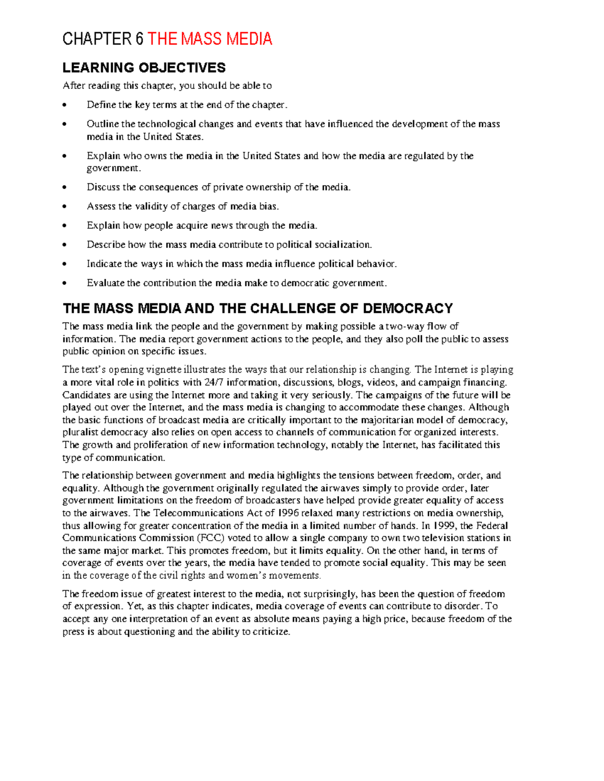 Ch06 The Mass Media Exam - CHAPTER 6 THE MASS MEDIA LEARNING OBJECTIVES ...