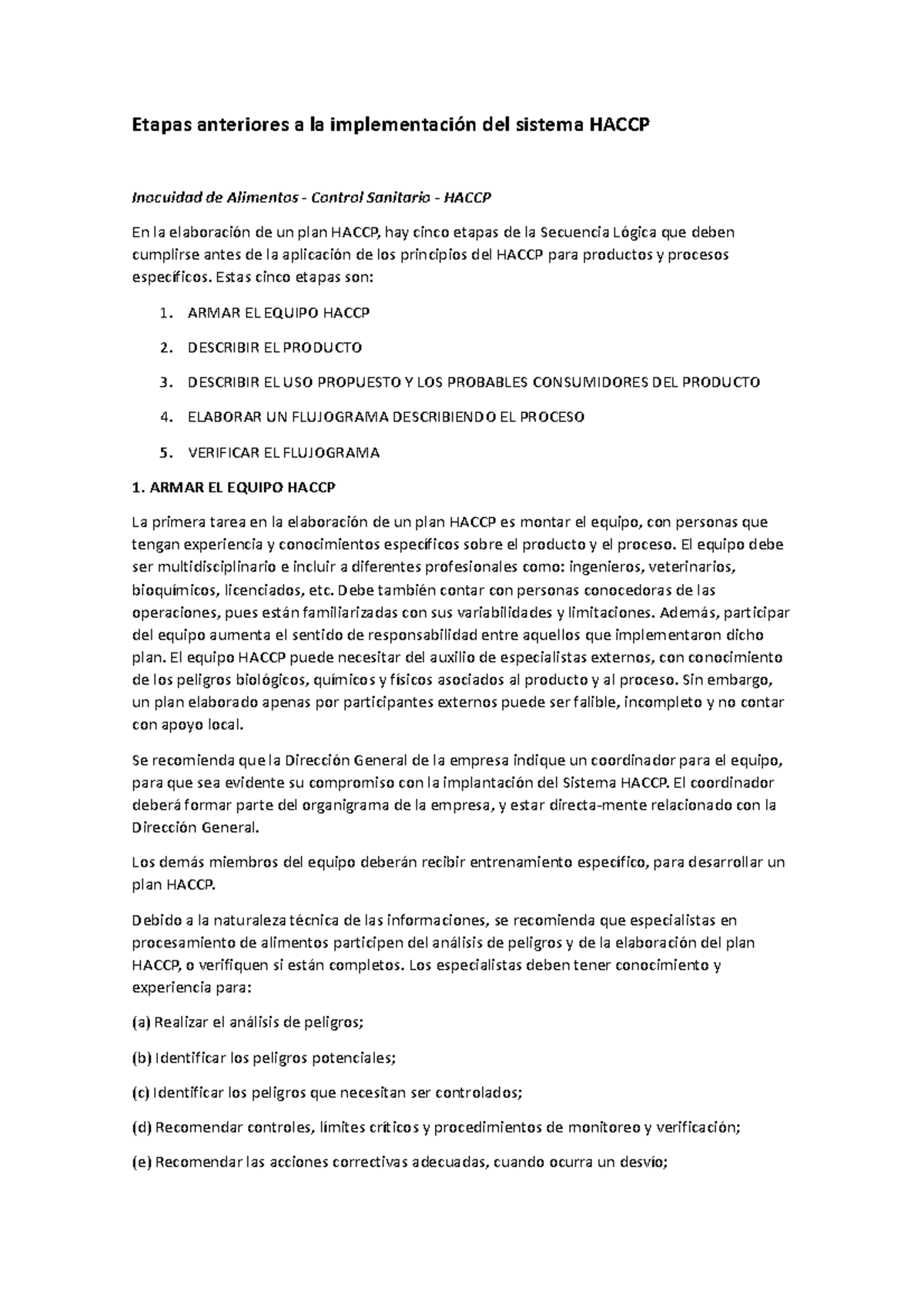 Procedimiento PARA Implementacion DE Haccp - Etapas anteriores a la ...