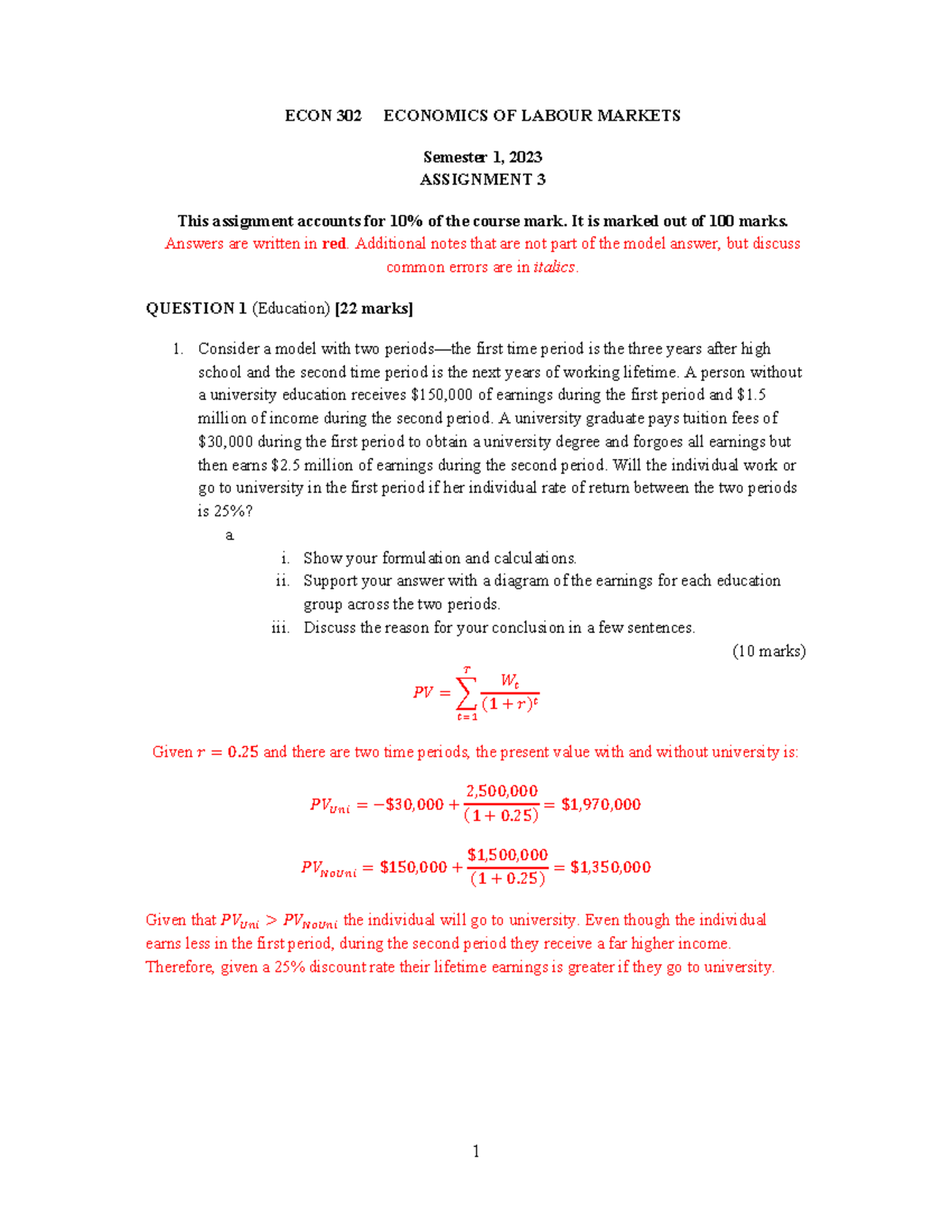 Assignment 3 Answer Guide - ECON 302 - 2023 - ECON 302 ECONOMICS OF LABOUR MARKETS Semester 1 ...