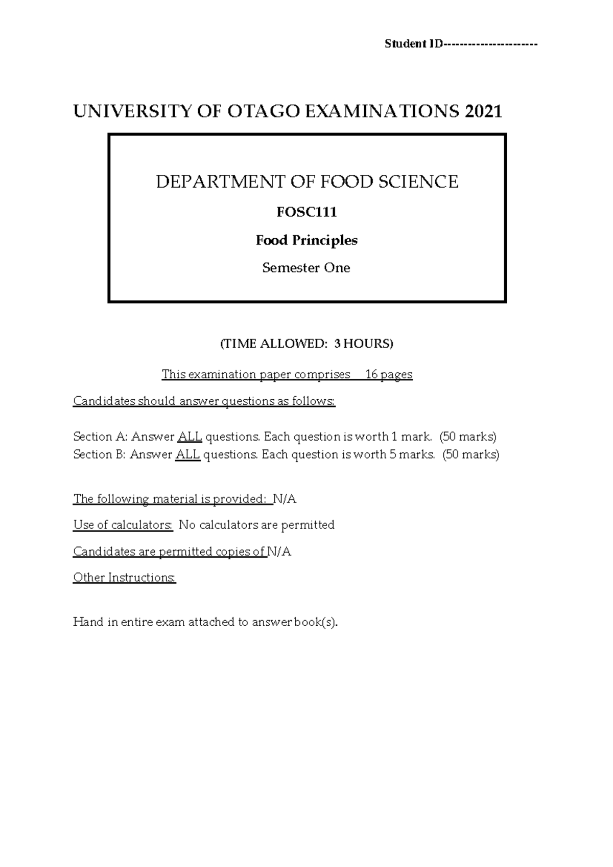 2021 FOSC111 Final Exam - Food Principles Semester 1 - Student ID ...