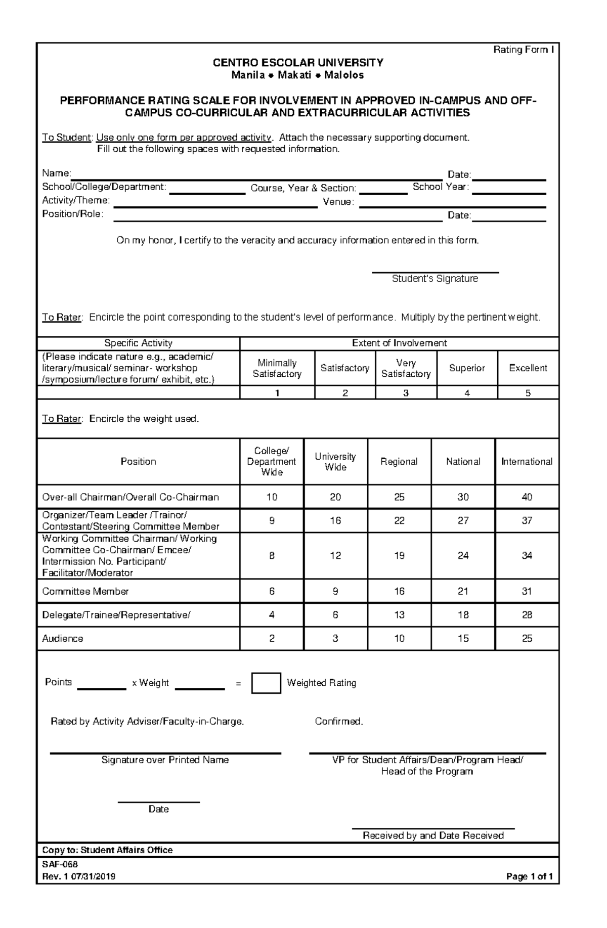 SAF 068 - Rating Form I - Rating Form I CENTRO ESCOLAR UNIVERSITY ...