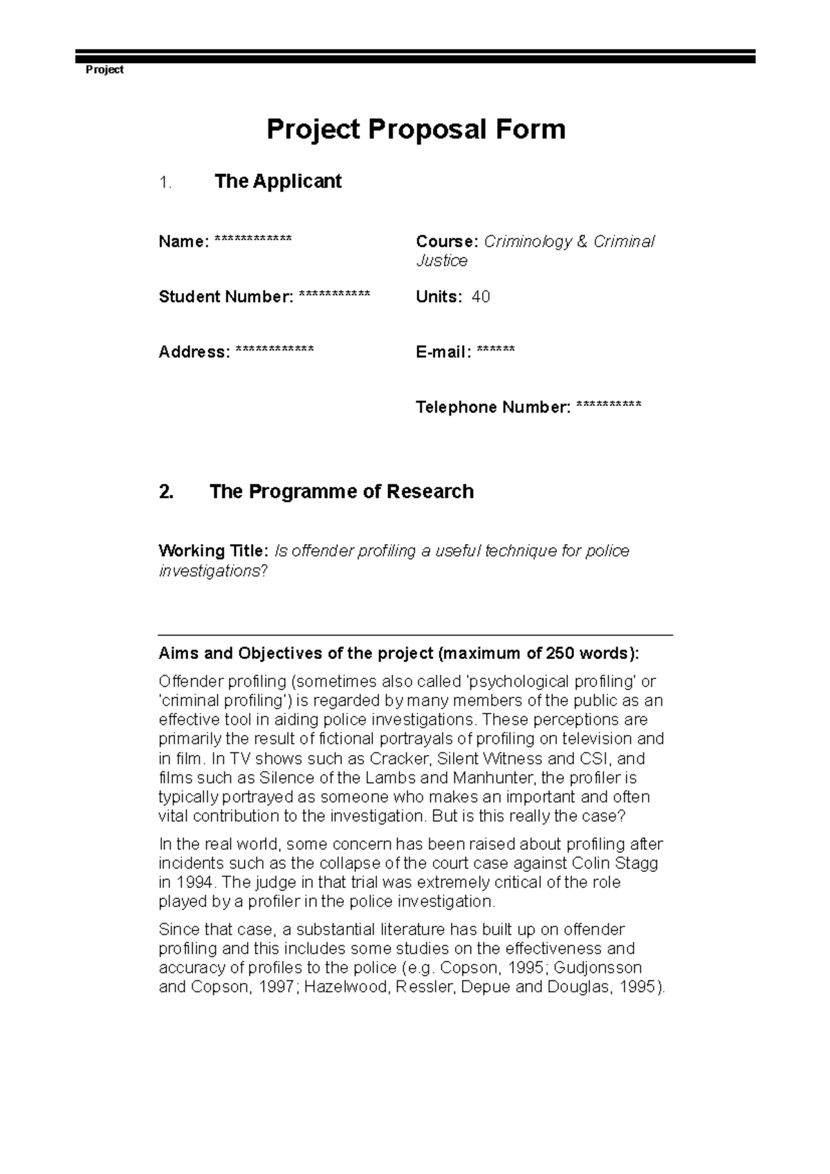 Example project proposal - Project Proposal Form 1. The Applicant Name ...