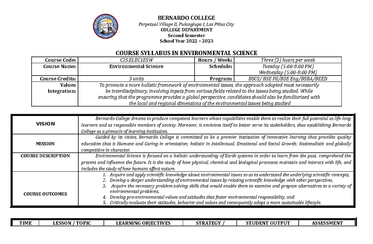 Environmental Science Syllabus - BERNARDO COLLEGE Perpetual Village II ...