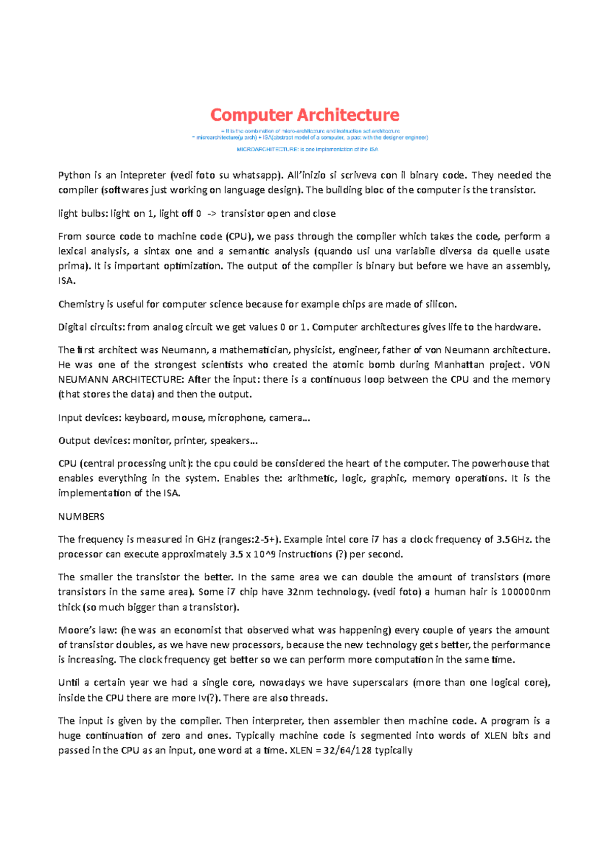 Computer architecture - Python is an intepreter (vedi foto su whatsapp ...