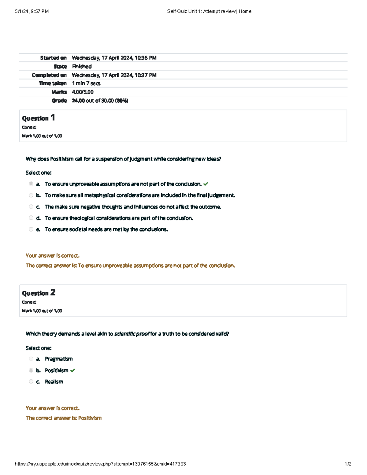 Self Quiz Unit 1 Attempt Review Home Started On Wednesday 17 April 2024 10 36 Pm State