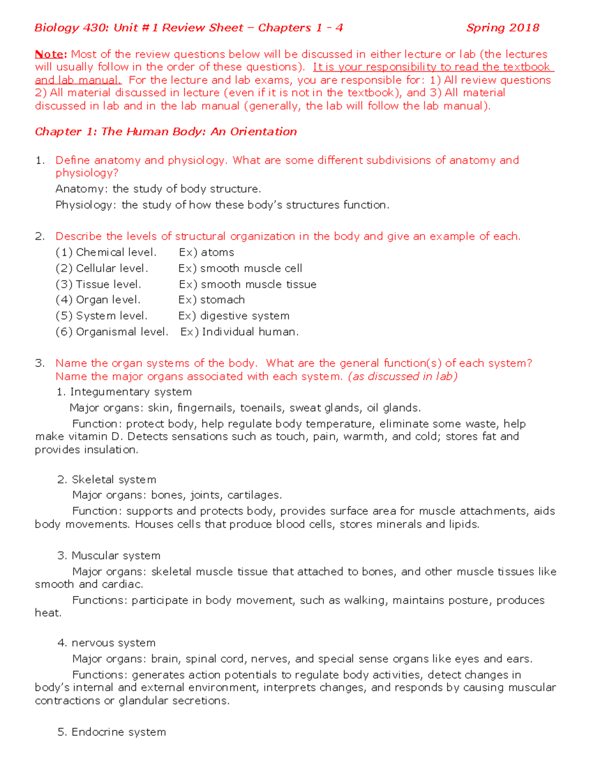 B430 Exam 1 Review Sheet 2018 - Biology 430: Unit #1 Review Sheet ...