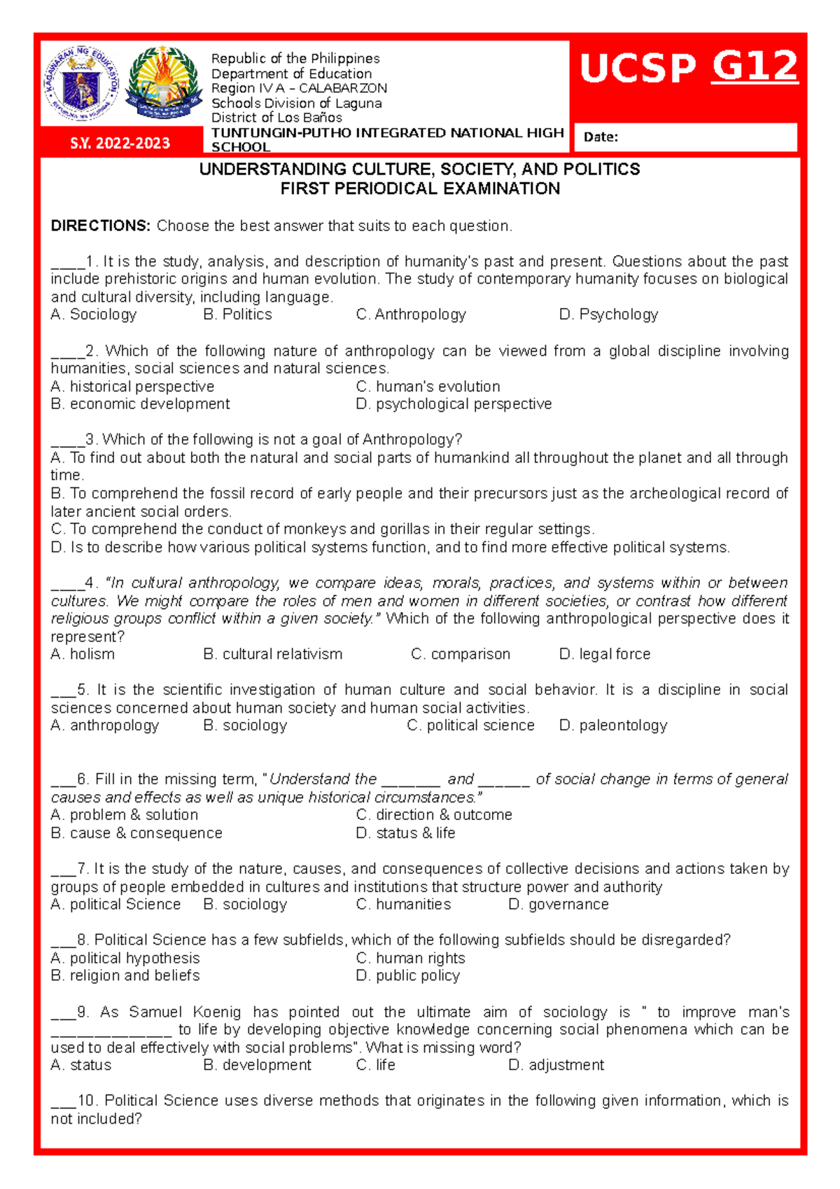 Q1-Exam-UCSP - for your acads - UNDERSTANDING CULTURE, SOCIETY, AND ...