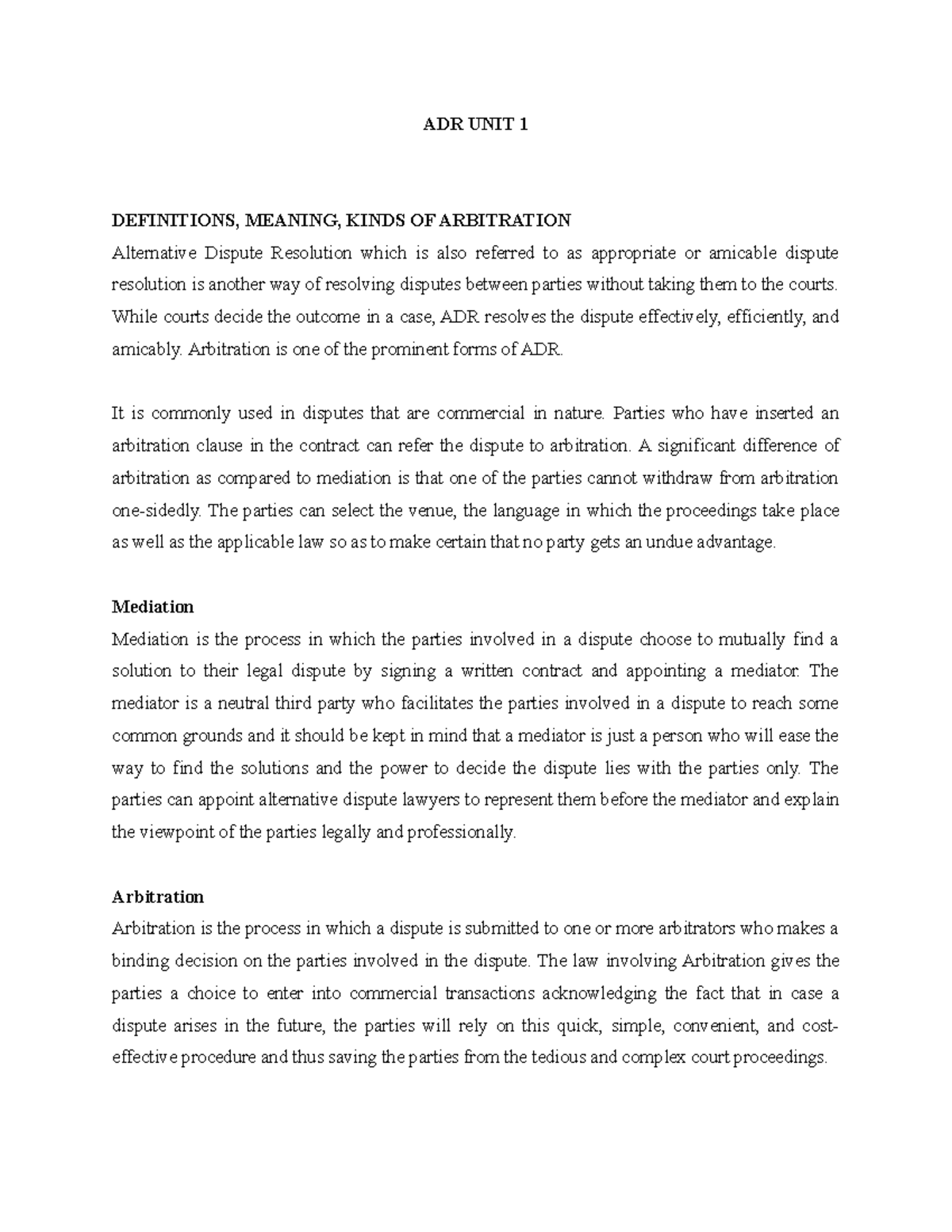 ADR UNIT 1 - Alternative dispute resolution - ADR UNIT 1 DEFINITIONS, MEANING, KINDS OF ...