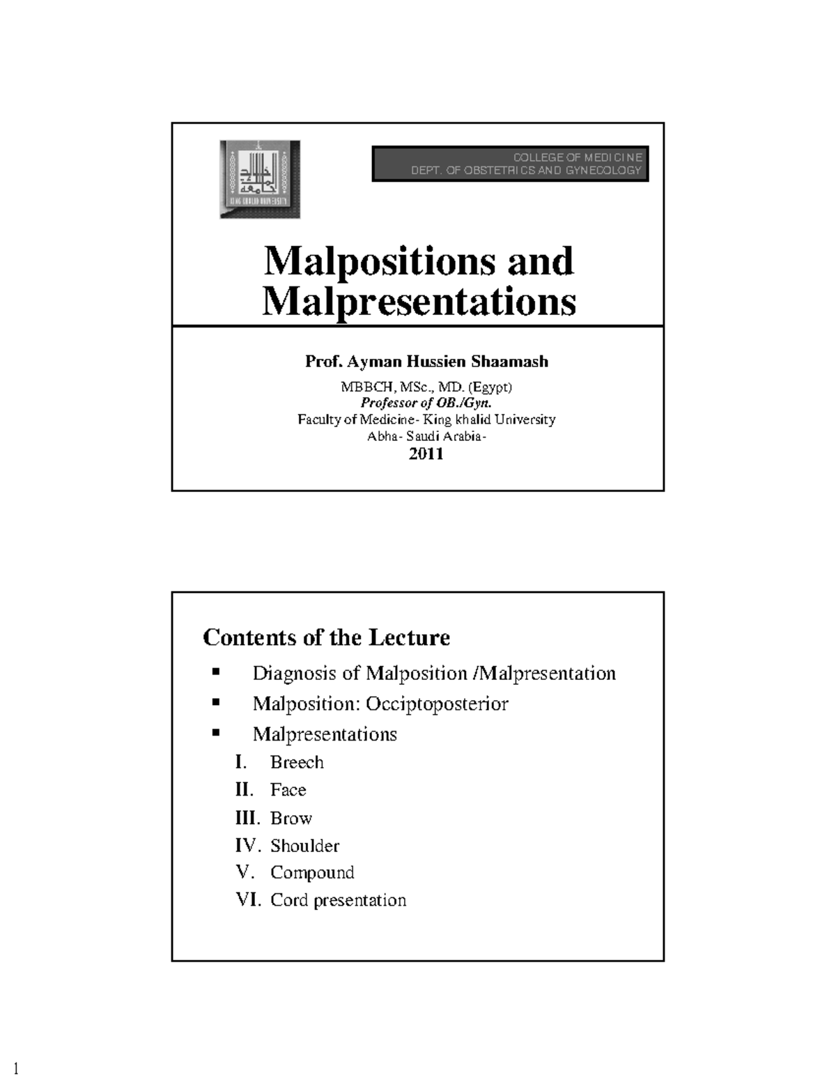 Dr - Lecture note - Malpositions and Malpresentations Prof. Ayman ...