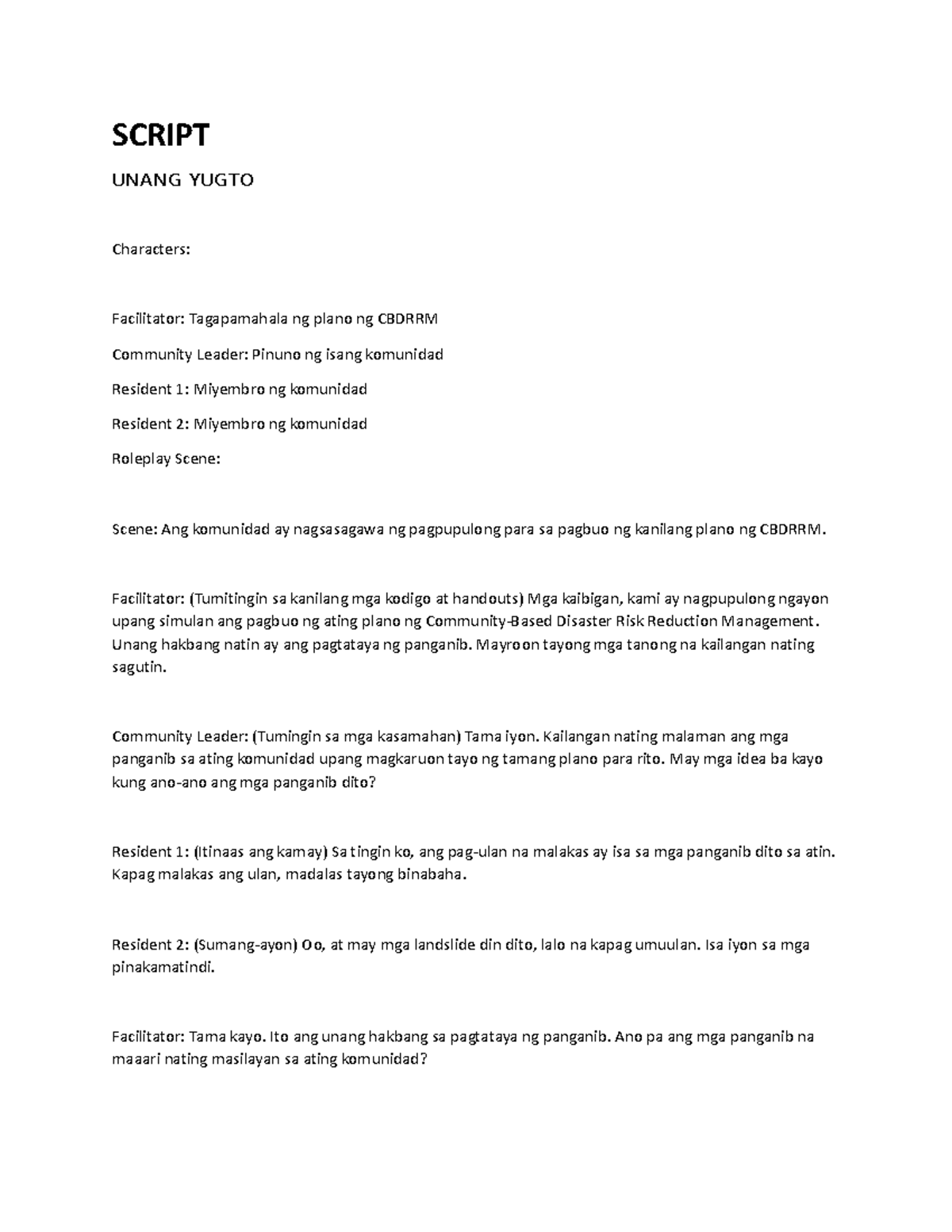 Tula - fsdf - SCRIPT UNANG YUGTO Characters: Facilitator: Tagapamahala ...