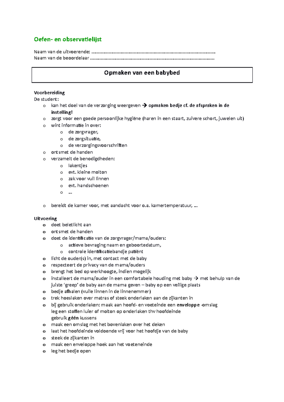 O&O Opmaken van een babybed - AJ1920 - Oefen- en observatielijst Naam ...