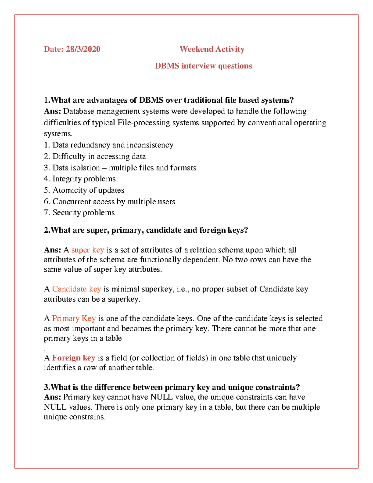 Basic Interview Questions Dbms Date 2832020 Weekend Activity Dbms Interview Questions 1