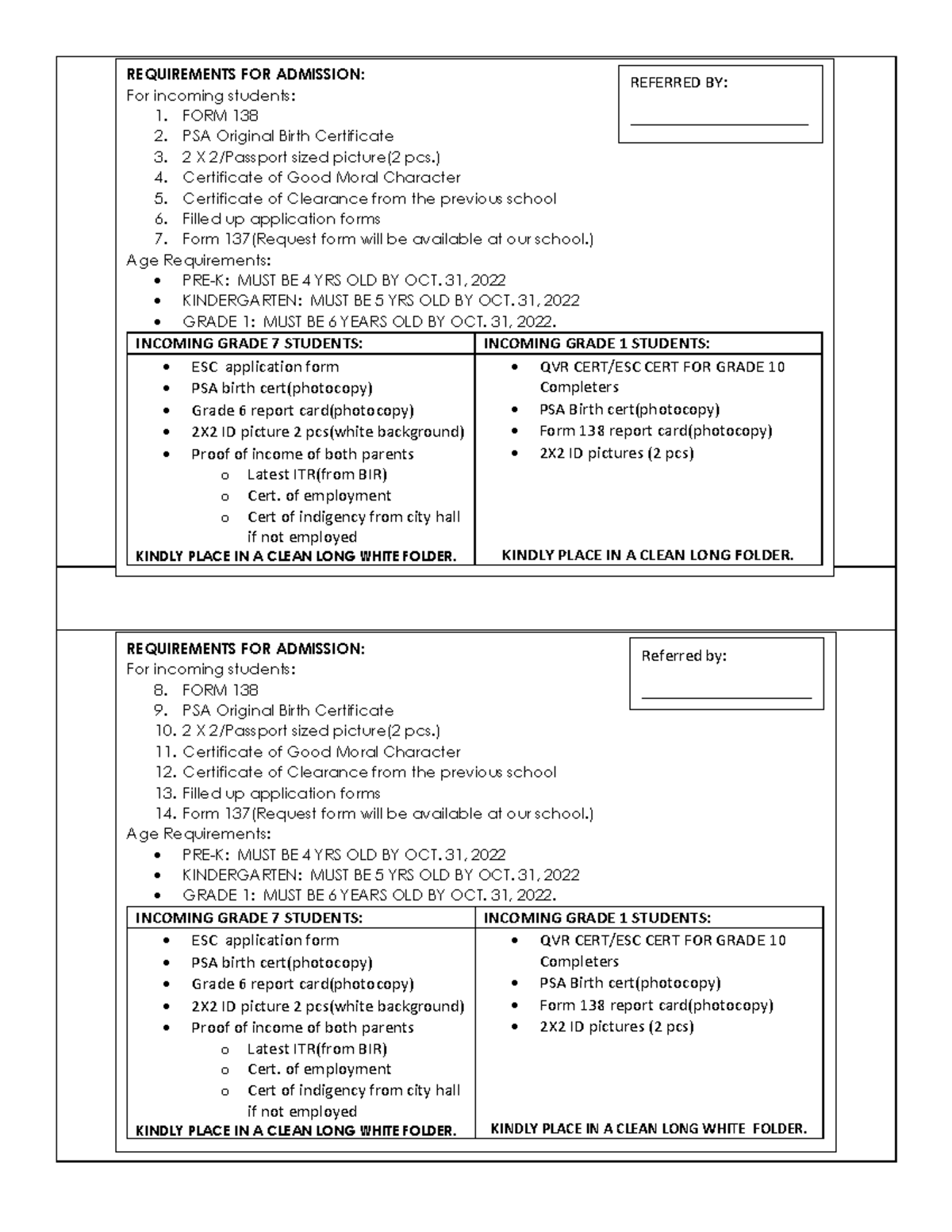 Flyer SY 2022 2023back For My Study REQUIREMENTS FOR ADMISSION For