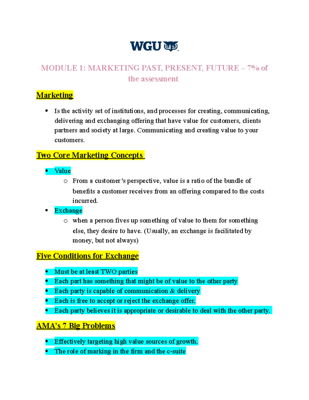 Study Guide 2 - MODULE 1: MARKETING PAST, PRESENT, FUTURE – 7% of the ...