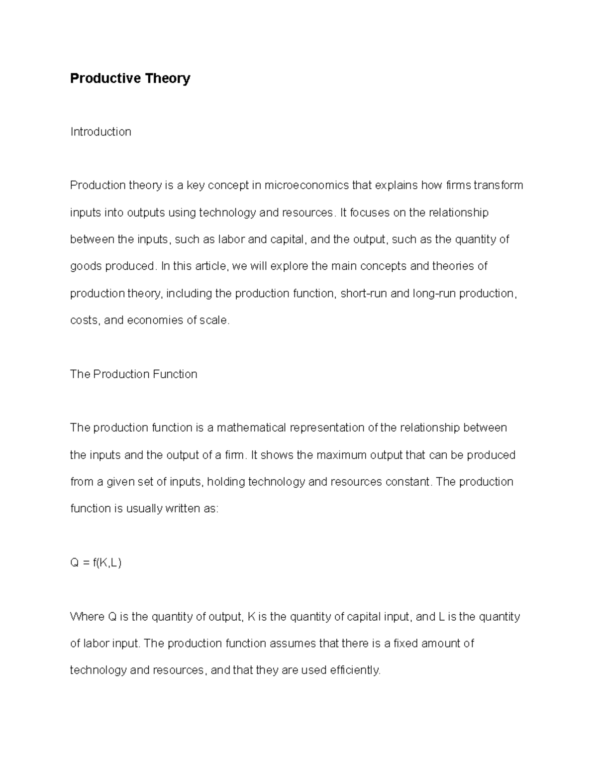 Productive Theory - Productive Theory Introduction Production theory is ...