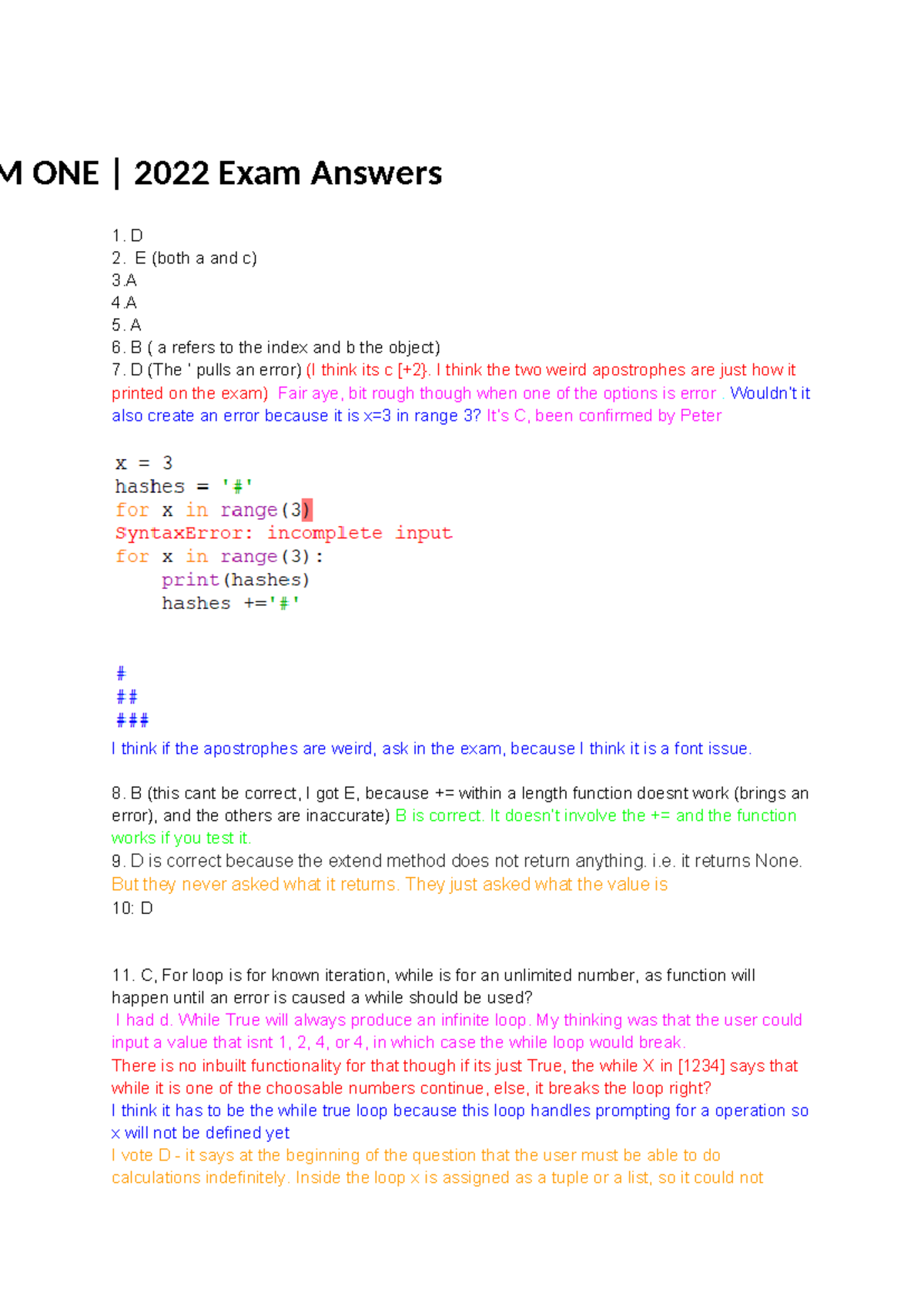 ENGG1001 2022 Sem 1 & Sem 2 - 1. D 2. E (both a and c) 3 4 5. A 6. B ( a refers to the index and ...