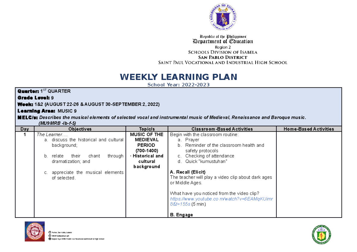 Weekly- Learning-PLAN Mapeh 9 - WEEKLY LEARNING PLAN School Year: 2022 ...