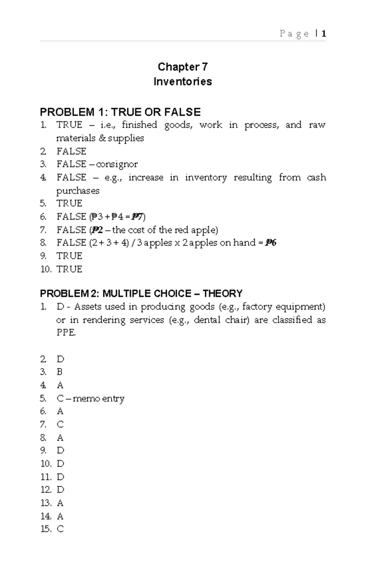 LM - Inventories - Answer key - Chapter 7 Inventories PROBLEM 1: TRUE ...