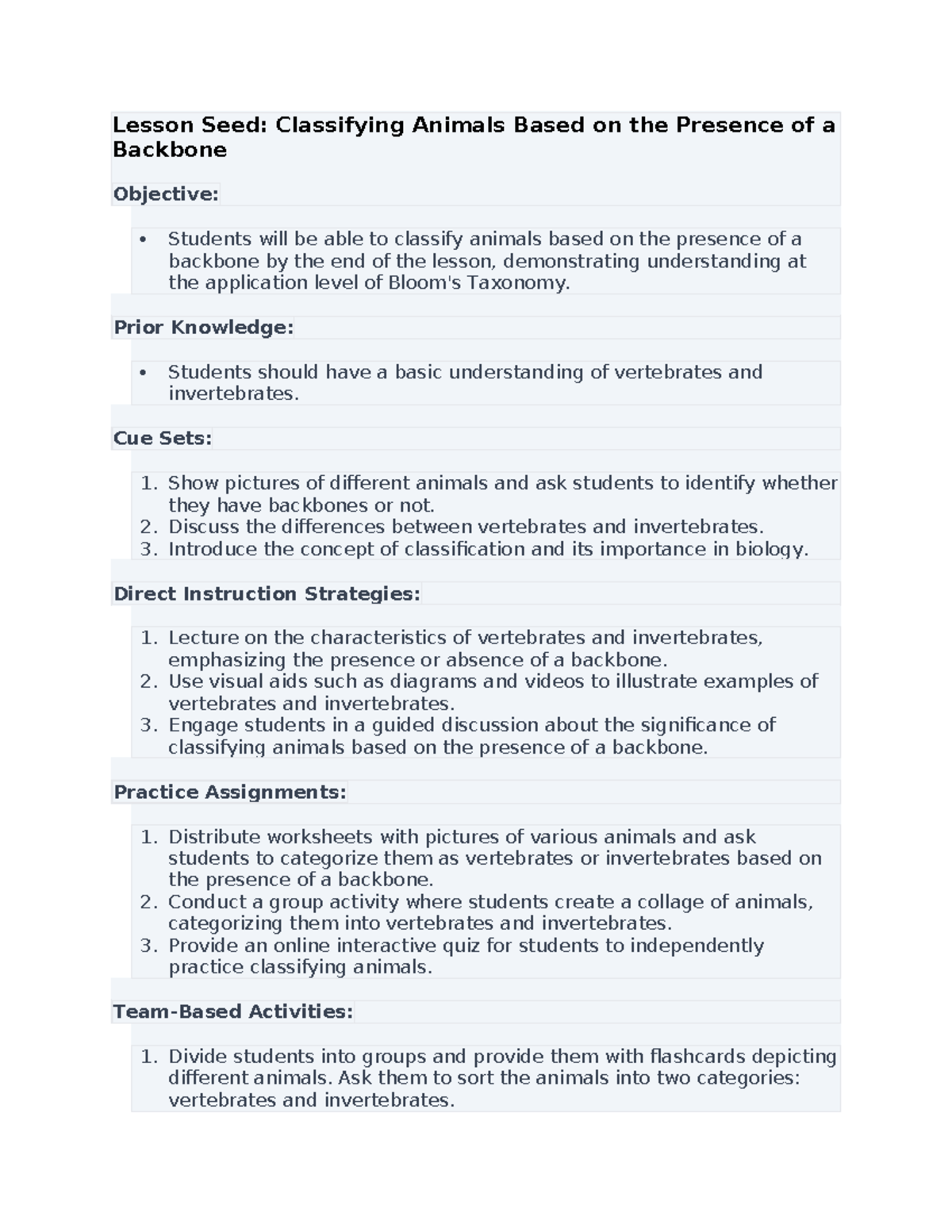 Science LP - Done - Lesson Seed: Classifying Animals Based on the ...