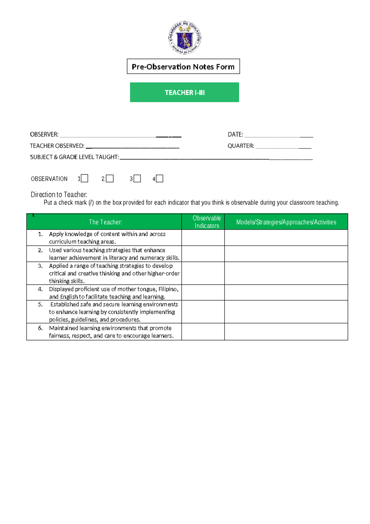COT Pre-observation Notes Form - OBSERVATION 1 2 3 4 Direction to ...