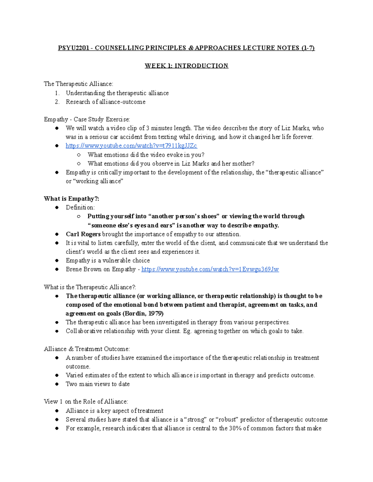 PSYU2201 wk 1-7 Lecture Notes - PSYU2201 - COUNSELLING PRINCIPLES ...