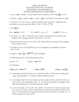 Applied Worksheet Jimma - Applied mathematics I - Studocu