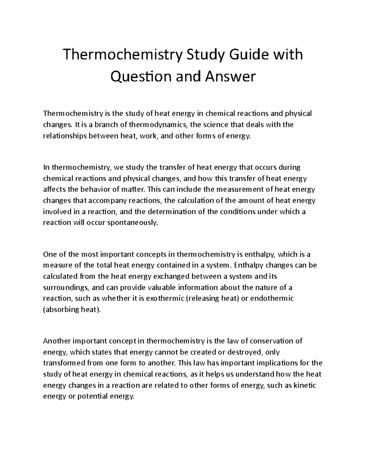 Thermochemistry Study Guide - It is a branch of thermodynamics, the ...