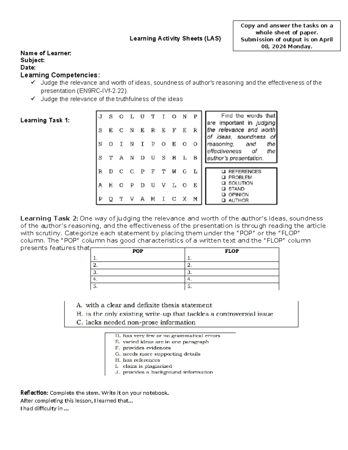LAS ENG9 April 04 2024 - LAS ENGLISH 9 - Learning Activity Sheets (LAS ...