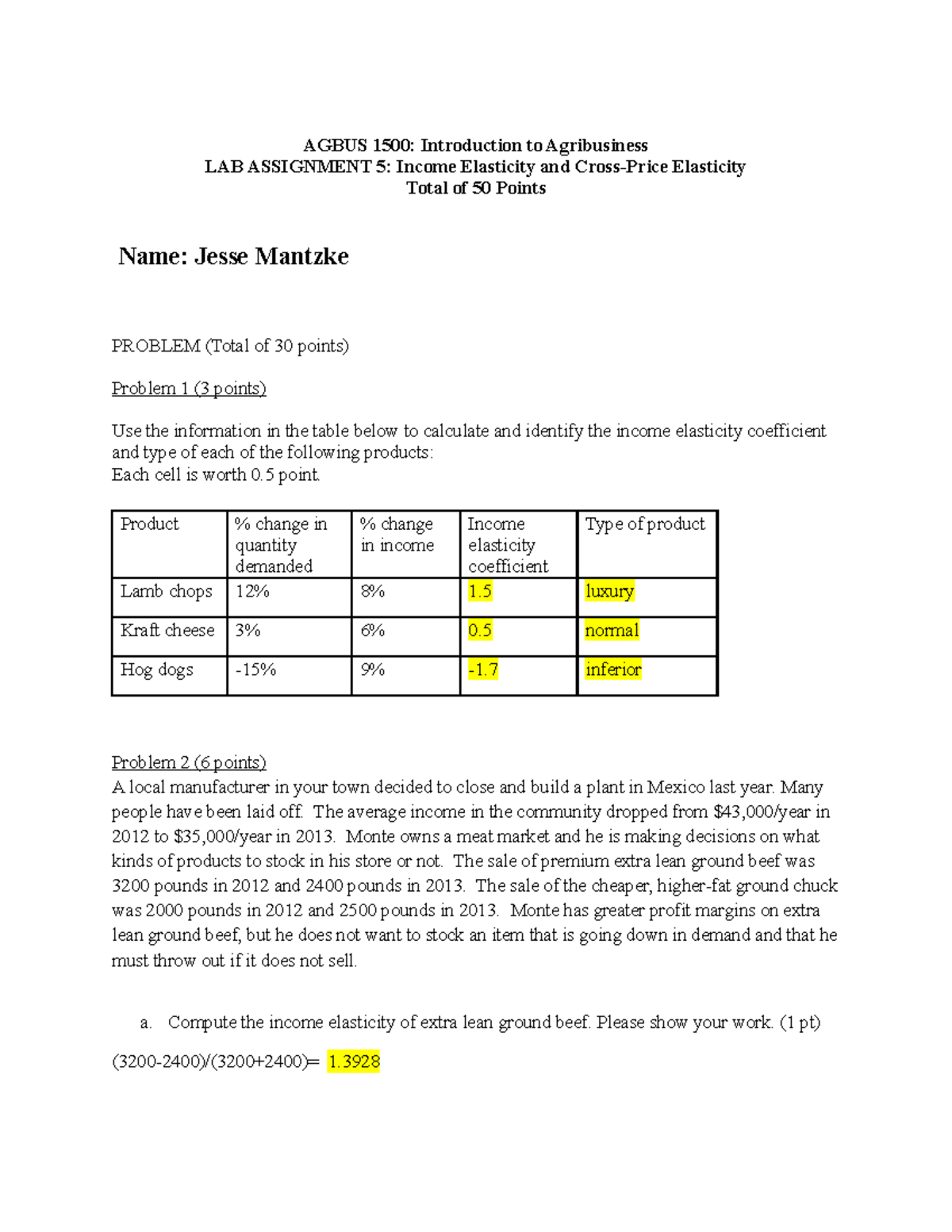 Lab Assignment 5 Elasticities Agbus 1500 Introduction To Agribusiness Lab Assignment 5