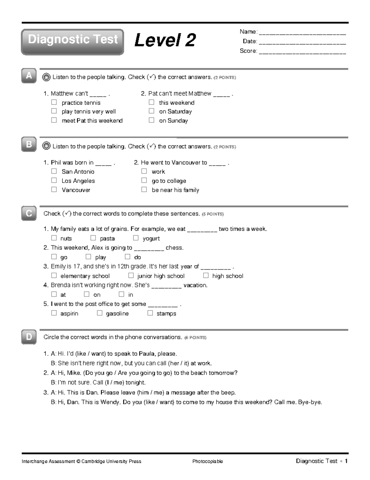 Diagnostic Test - Level 2 - A B C D Diagnostic Test Level 2 Listen to ...