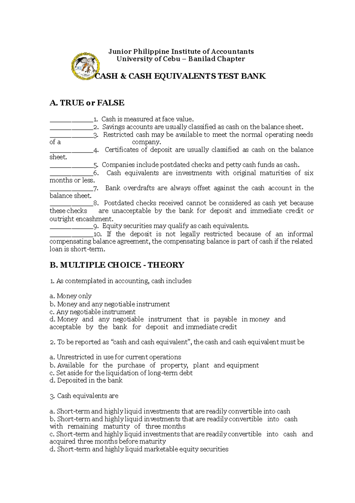 02 CASH AND CE TEST BANK - 02 CASH AND CE TEST BANK - Junior Philippine ...