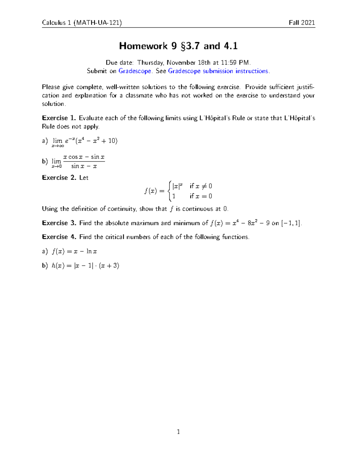 Calculus 1 Homework 9 TR Sec 3-7 and 4-1 - Calculus 1 (MATH-UA-121 ...