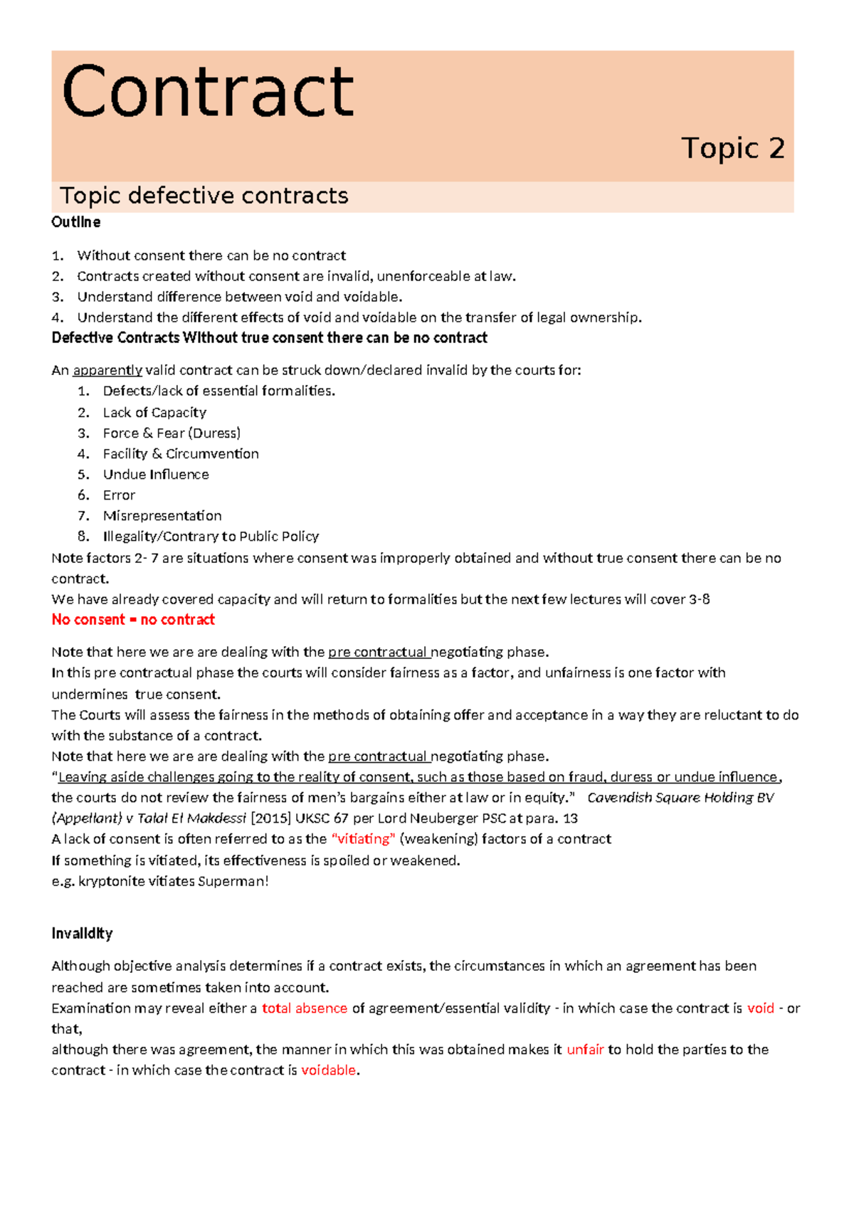Contract law - defective contracts - 1-3 - Contract Topic 2 Topic ...