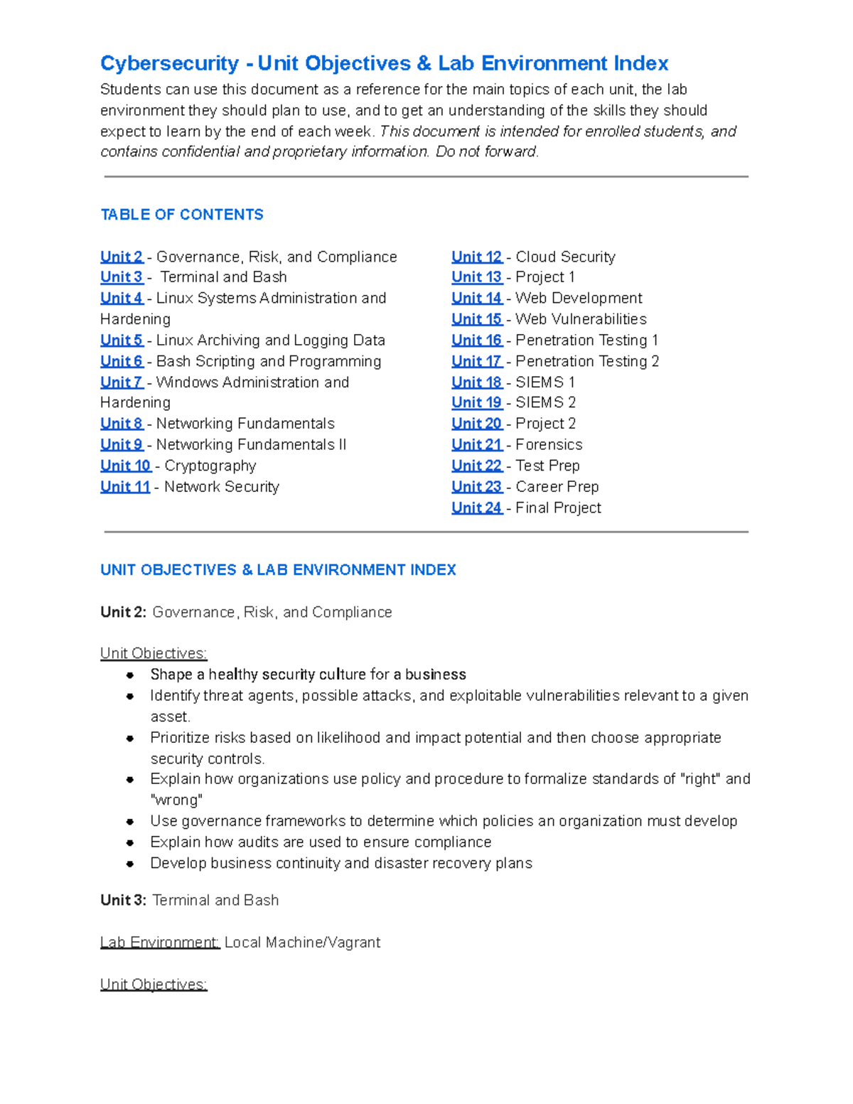 Cybersecurity - Unit Objectives Index - Cybersecurity - Unit Objectives & Lab Environment Index ...